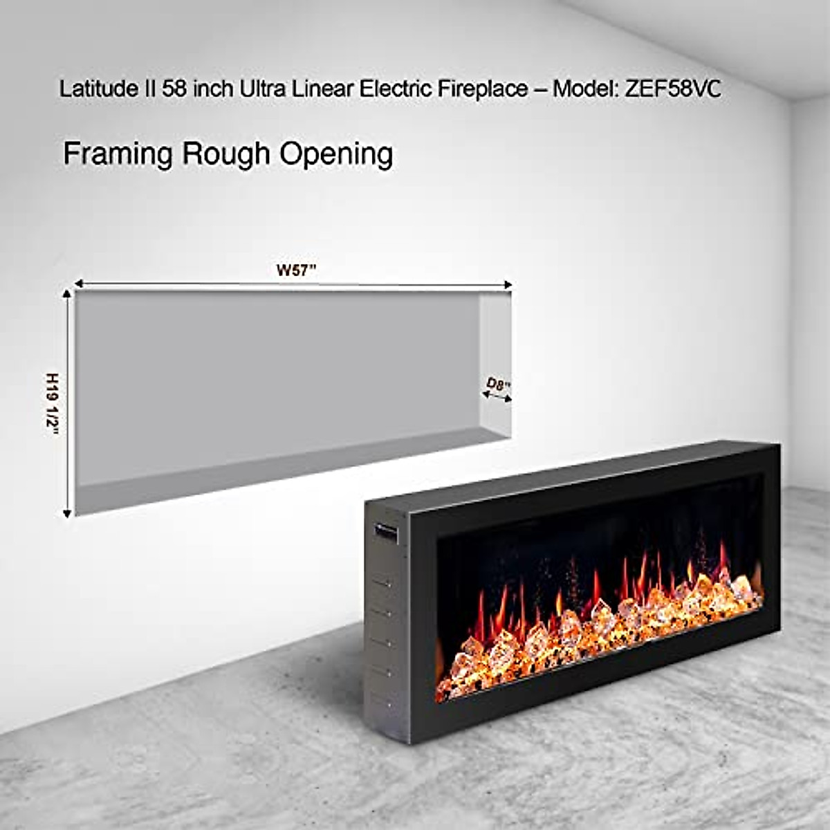 Litedeer Homes Latitude II 58" Smart Electric Fireplace with App, Crackling Fire Sounds, Diamond-Like Crystal, Black - ZEF58VC