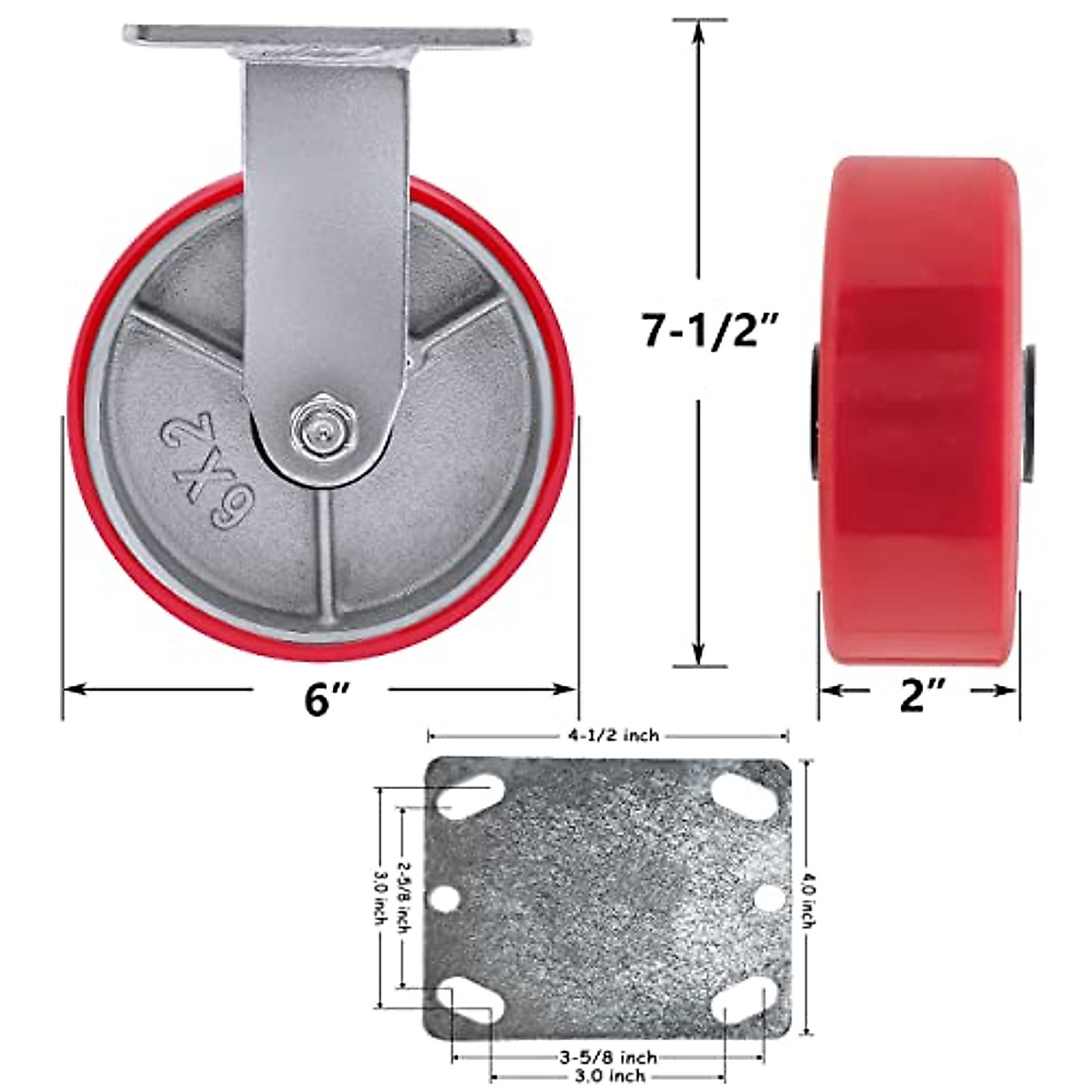 6"X 2" Heavy Duty Casters - Industrial Casters Polyurethane Caster with Strong Load-bearing Capacity 1200 LB, Rigid Caster, Widely Used in Furniture,WorkBrench,Tool Box(1 Rigid)