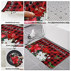 Kitchen Rug and Mat Set Merry Christmas Cardinal Poinsettia,Non-Slip Doormats Comfort Durable Floor Runner,Farm Berries Red Black Buffalo Check Washable Standing Carpet for Bedroom Living Room Decor