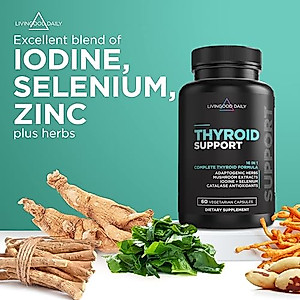 Livingood Daily Thyroid Support - Premium Supplement with Ashwagandha, Selenium, Iodine (from Kelp & Fronds), Zinc, L-Tyrosine, Copper, and Cordyceps - Focus, Metabolism, and Energy - 60 Capsules