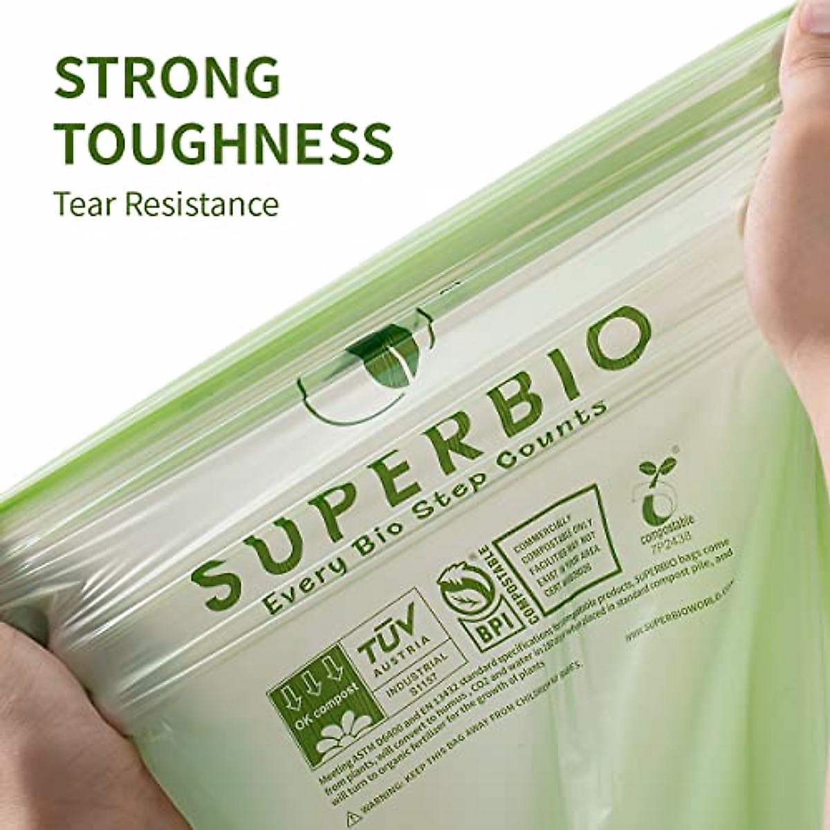 SUPERBIO 1.6 Gallon Compostable Handle Tie Garbage Bags, Small Trash Bags With Handles for Countertop Bin US BPI & Europe OK Compost Certified (Green, 50 Count (Pack of 1))