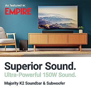 Majority K2 Sound Bar with Subwoofer | 150W Powerful Stereo 2.1 Channel Sound Bar for TV | Home Theatre 3D Surround Sound I HDMI ARC, Bluetooth, Optical & RCA Connection I USB & AUX Playback | Black