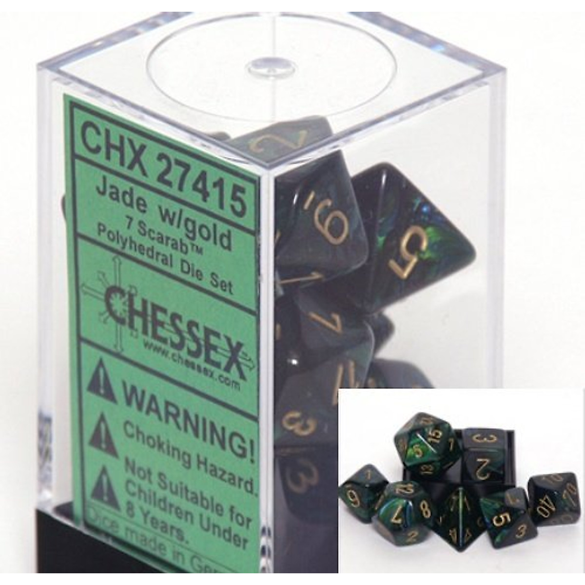 Chessex Dice Polyhedral 7-Die Scarab Set - Jade with Gold Chx-27415