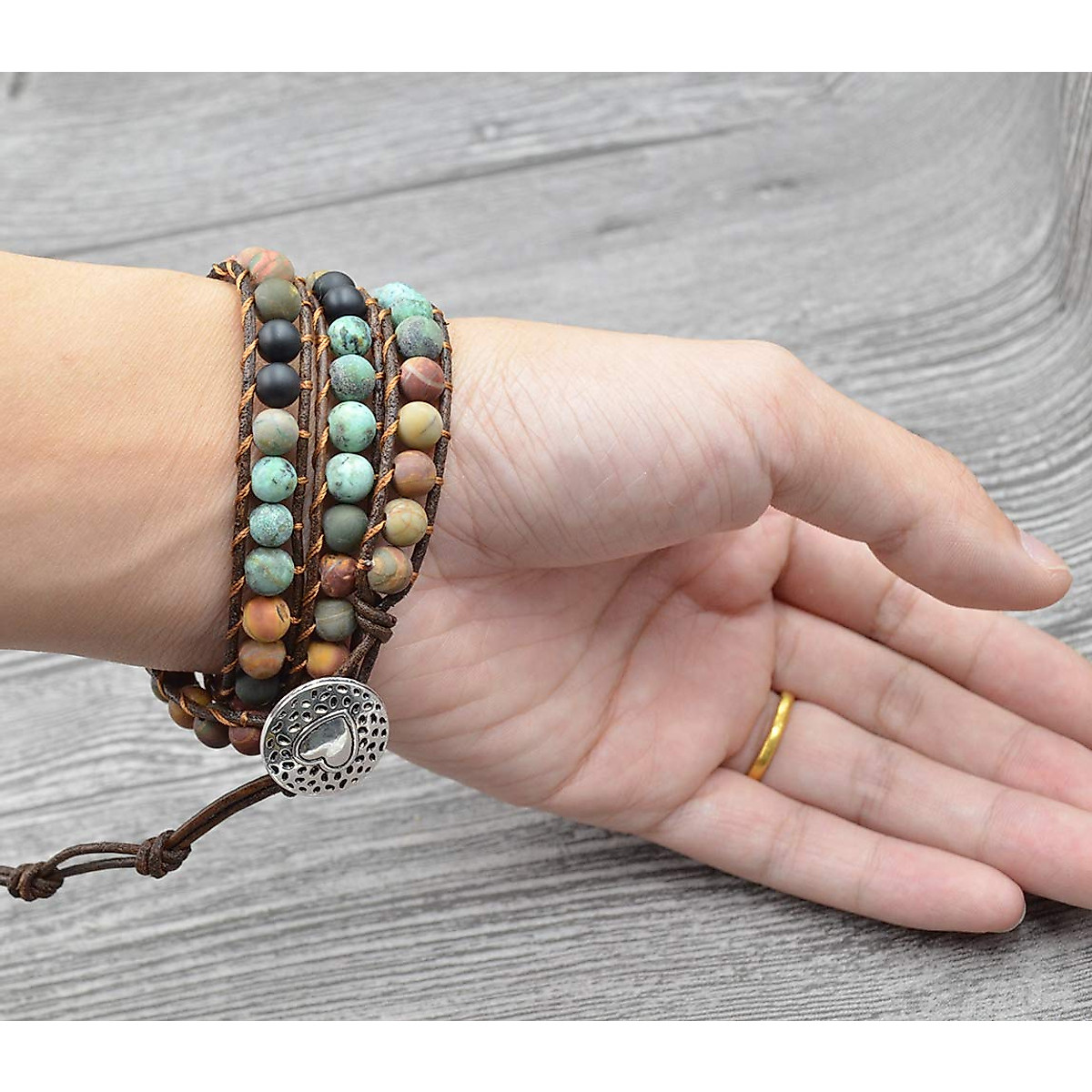 Izpack Fashion Love Heart Beaded Leather 3 Wrap Bracelets for Women Handmade Boho Natural Stone Ball Beads Wrist Bracelet Nice Gifts New Adjustable