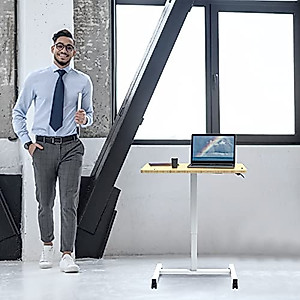 ANQWD 28" Pneumatic Height Adjustable Rolling Desk, Mobile Laptop Standing Desk Cart with Wheels, Rolling Standing Desk Table for Office Home (Bamboo Wood)