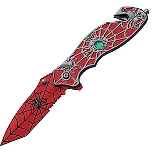 8” Red Spiderweb Assisted Open Pocket Folding Edc Knife Red Stainless Steel Clip Point Blade With Spider Web Print Red Aluminum Handle With Green Jewel Inlay