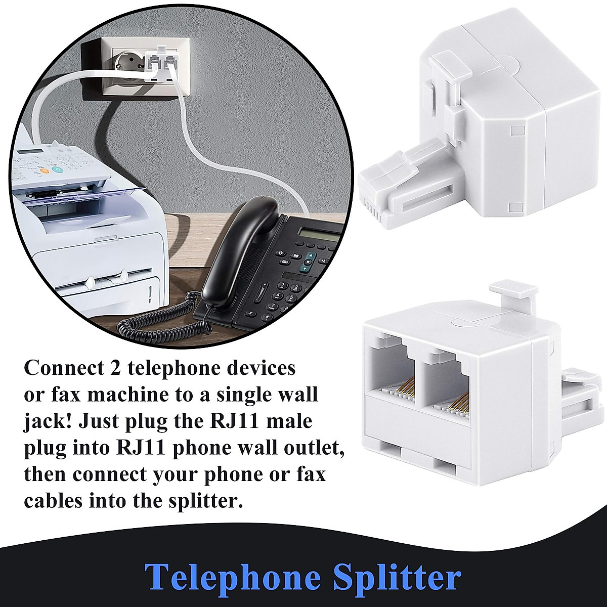 KINXIYU Phone Cord 15FT, Landline Telephone Cable with RJ11 Plug, Includes Telephone Inline Coupler RJ11 Splitter and 10pcs Cable Clips(White)