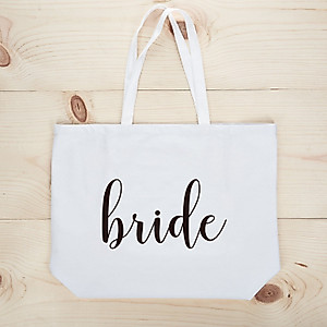 ELEGANTPARK Bride Jumbo Tote Bag Wedding Bridal Shower Gifts Canvas 100% Cotton Interior Pocket White with Black Script