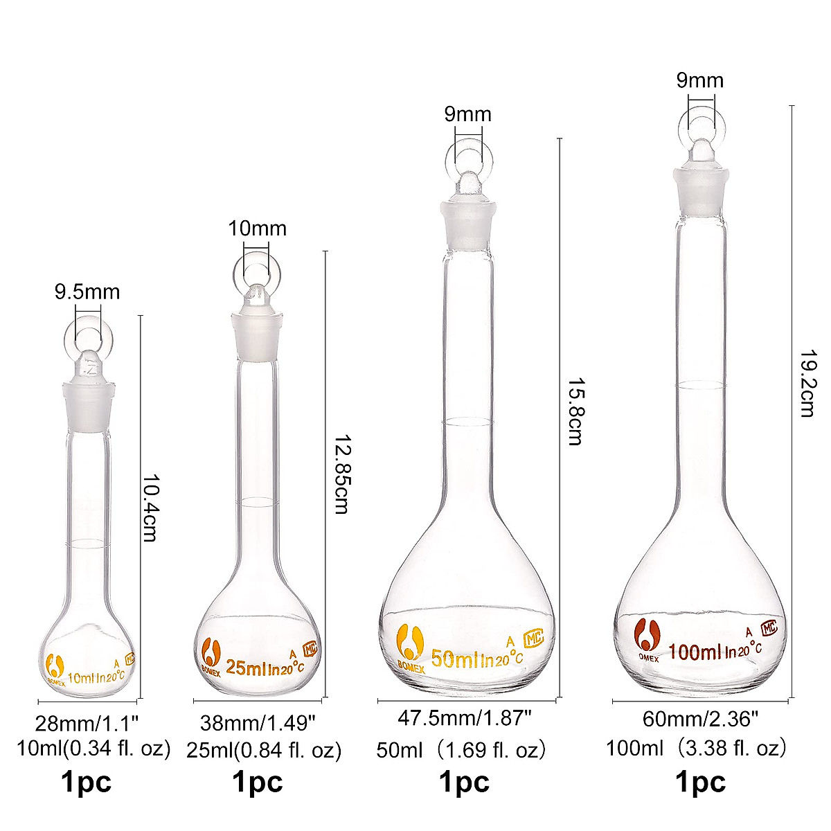 OLYCRAFT 4pcs Volumetric Flask 10ml/25ml/50ml/100ml Volumetric Flask Set with Glass Cap Durability & Chemical Resistance Glass Bottle for Laboratory Project