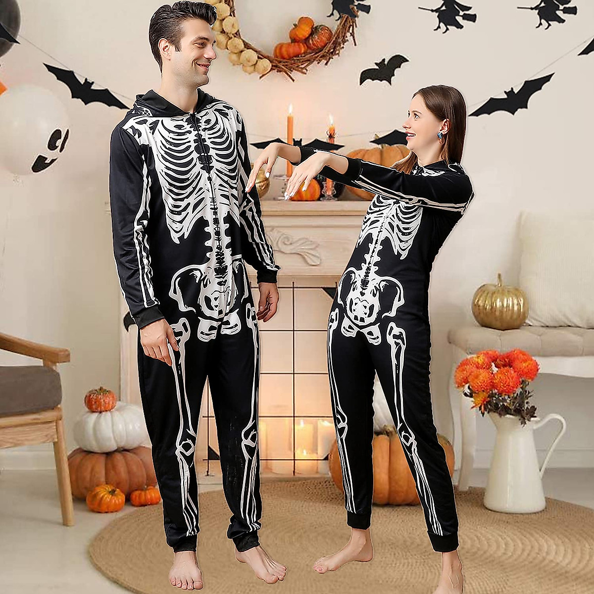 ANGELGGH Family Matching Halloween Onesie Pajamas, Funny Skeleton Printed Hooded Zipper PJs Loungewear for Men/Women/Kids (Kids, 8-10T, Skull)