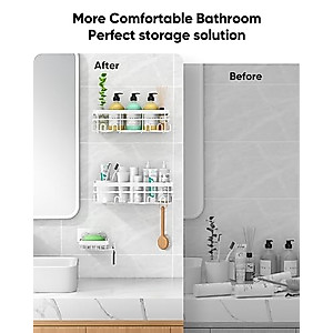 POKIPO Shower Caddy 5 Pack, Adhesive Shower Organizer with Soap Dishes & Toothbrush Holder & 20 Hooks, Large Rustproof Stainless Steel Bathroom Shower Shelf for Inside Shower Storage Decor, White