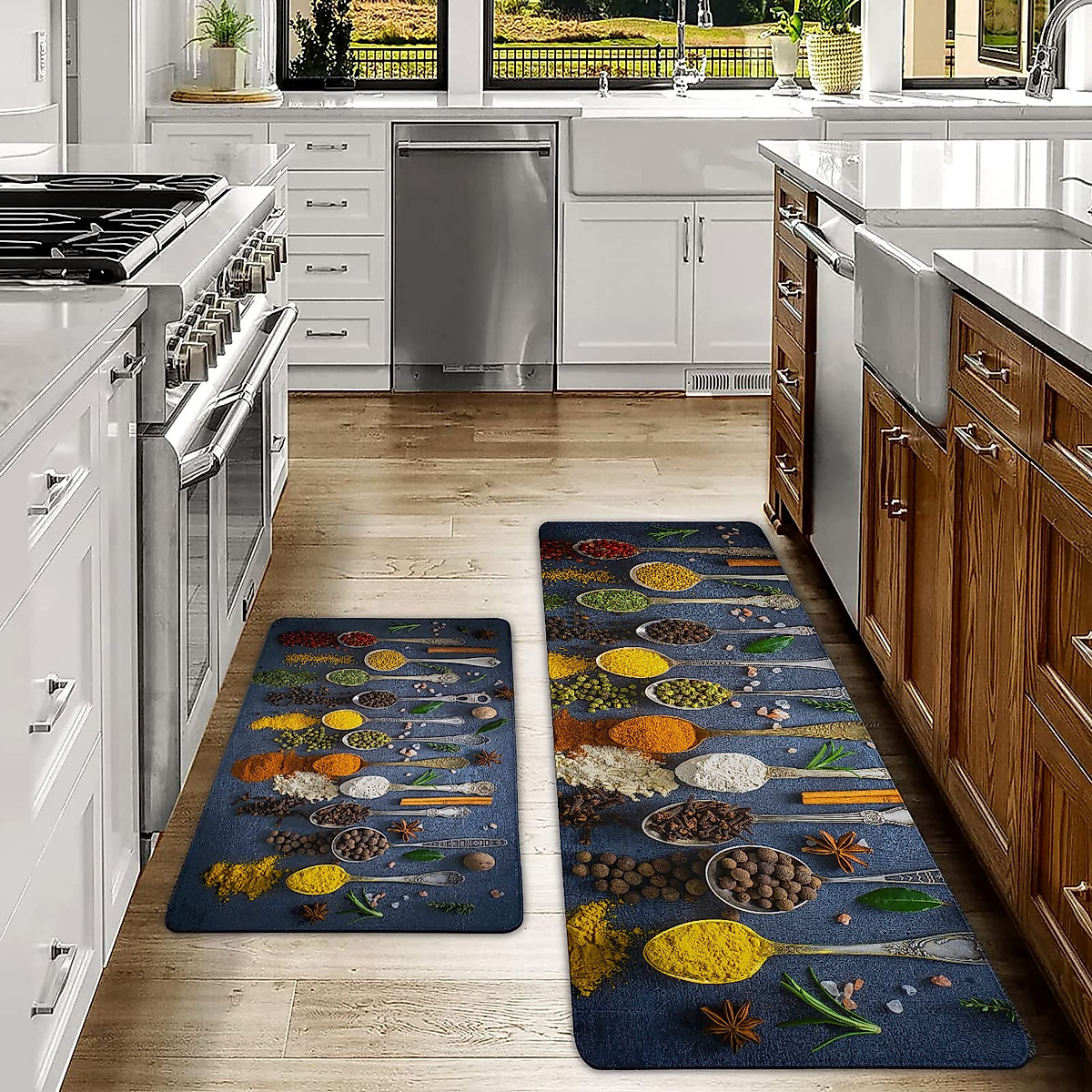 Spice Cooking Kitchen Mat Set 2 Pieces Artistic Colorful Kitchen Rug Farmhouse Non Slip Anti Fatigue Kitchen Rugs Comfort Standing Mats Runner Carpet for Sink, 17.3" x 28" + 17.3" x 47"