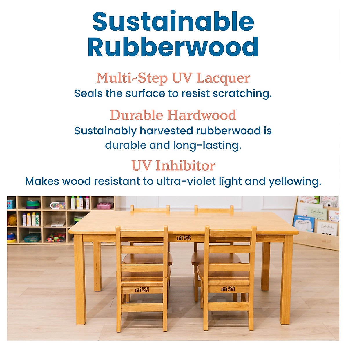 ECR4Kids 24in x 48in Rectangular Hardwood Table with 20in Legs and Four 10in Chair, Kids Furniture, Honey