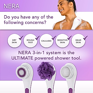 Spa Sciences - NERA - Power Shower Brush - 3-in-1 Multifunction Back & Body Brush - Exfoliation, Cleansing, Massaging - for All Skin Types - Includes Body Brush, Loofah, & Pumice Stone - USB Charging