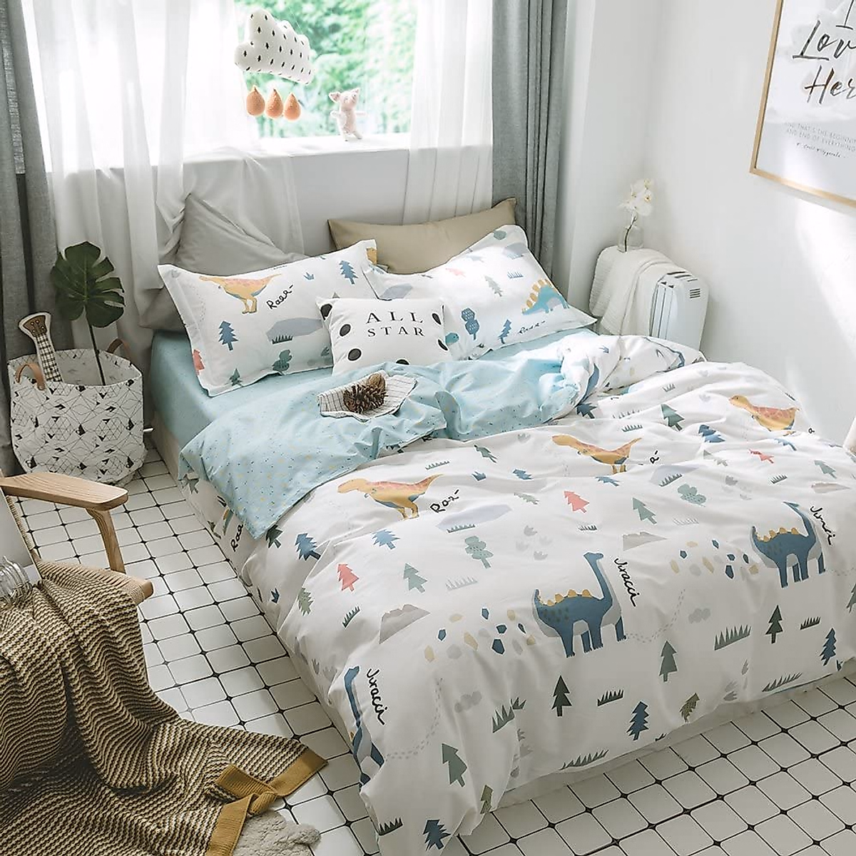BuLuTu Dinosaur Kids Bedding Sets Twin Cotton,3 Pieces Premium Soft Reversible Dino Forest Print Teen Boys Girls Twin Duvet Cover Set Cotton with Zipper Closure and Ties,NO Comforter