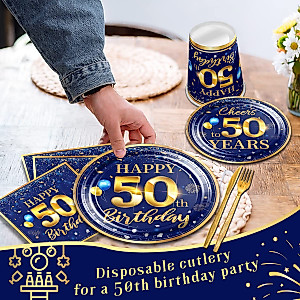 50th Birthday Decoration Men-142pcs Navy Blue and Gold Birthday Tableware Set(Serve for 20) Include Happy 50th Birthday Banner Plates Cups Napkins Tablecloth for Men 50th Birthday Party Supplies (50)