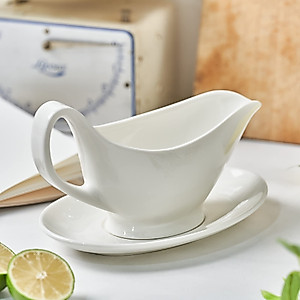 Dinnerlit Gravy Boat with Saucer - 16oz Fine Porcelain Sauce & Salad Dressing Boat (White)