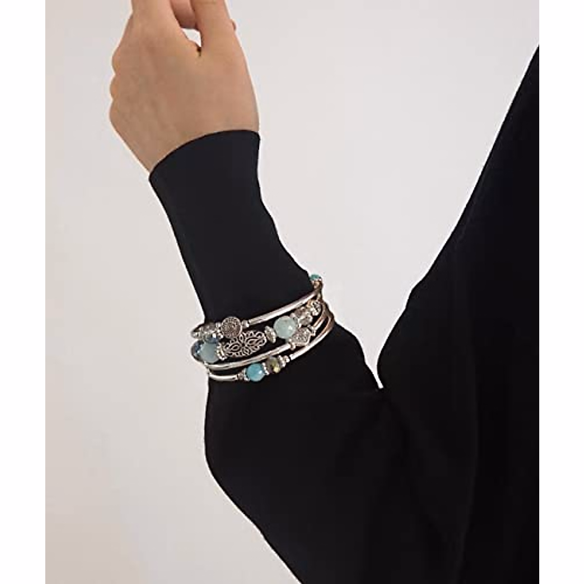 FULU AUTUMN Stackable Beaded Bracelets for Women Boho Wrap Silver Bracelet Layered Fashion Jewelry Gifts for Her (Turquoise)