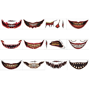 FEBUD 12PCS Halloween Clown Horror Mouth Tattoo Stickers Temporary Tattoos Face Decals Prank Props for Halloween Cosplay Party Decorations