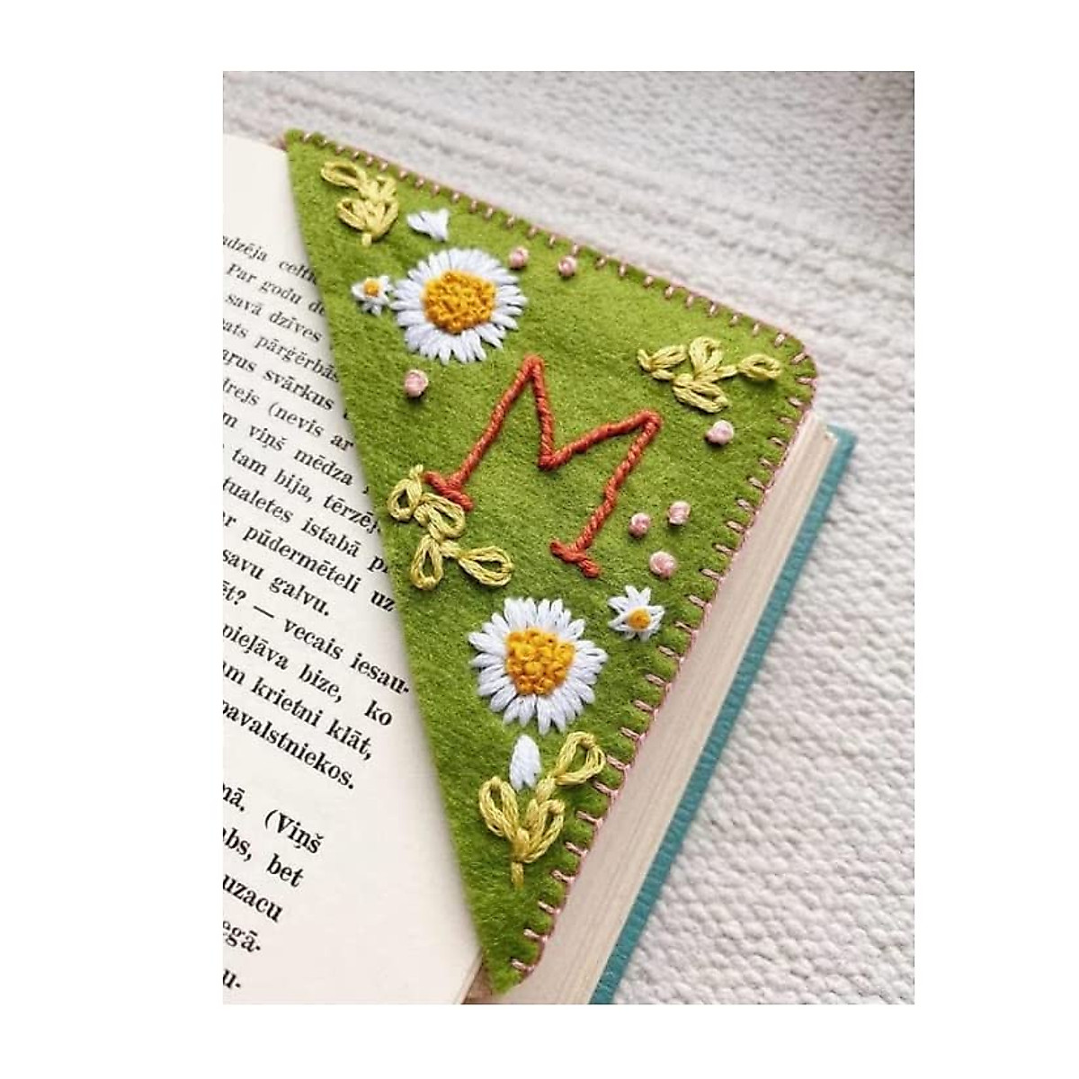 Personalized Hand Embroidered Corner Bookmark, Hand Stitched Felt Corner Letter Bookmark, Felt Triangle Bookmark, Cute Flower Letter Embroidery Bookmarks for Book Lovers（Summer-T）