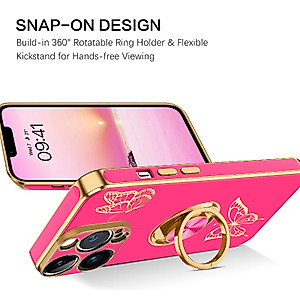 BENTOBEN for iPhone 13 Pro Max Case, Phone Case iPhone 13 Pro Max, Cute Butterfly Plating 360° Ring Holder Kickstand Magnetic Car Mount Supported Soft Bumper Women Men Drop Protective Cover, Hot Pink