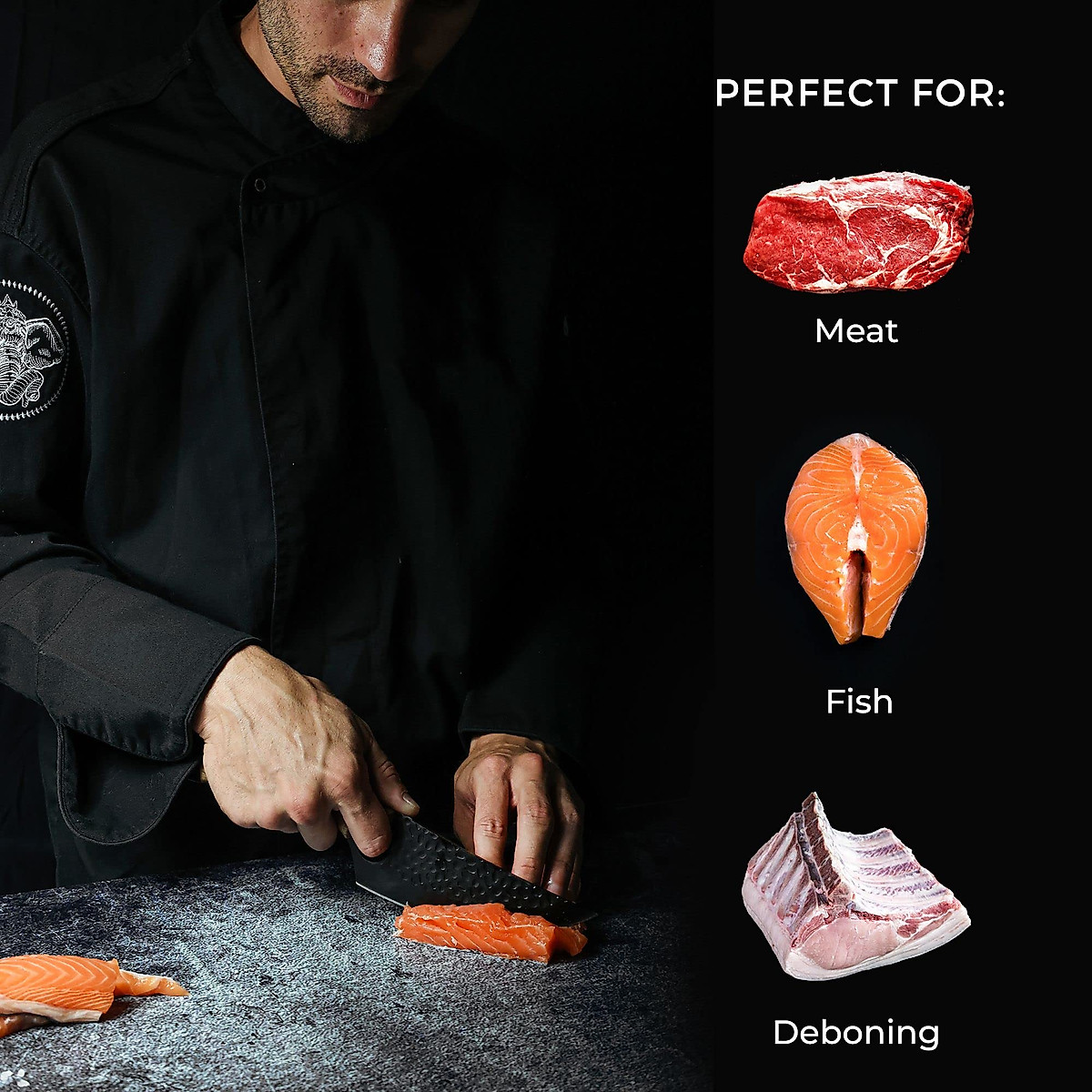 An amazing Hand Forged Butcher Knife with Reinforced Black Titanium Coated Blade that is perfect for everyday kitchens, camping, and BBQ