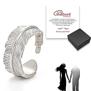Assote To My Husband In Heaven Personalized Feather Ring, Adjustable Embrace Angel Feather Wing Ring, The Day I Lost You Memorial Plume Ring, Vintage Statement Leaf Cast Memorial Gift (Silver)