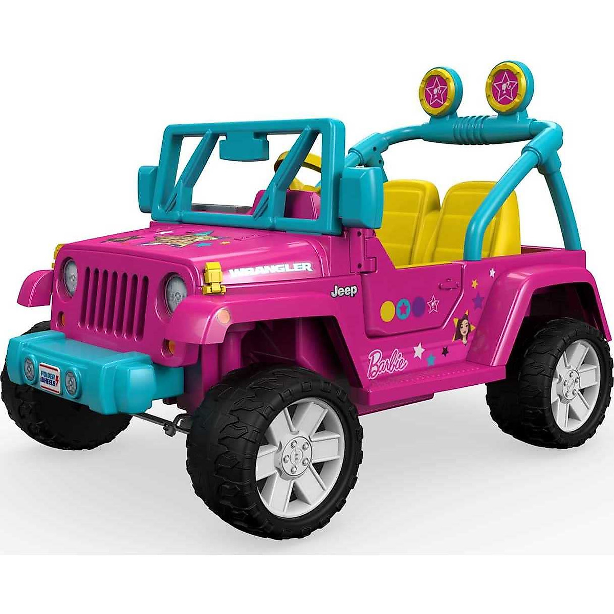 Fisher-Price Power Wheels Battery Powered Barbie Jeep Wrangler Car with Steering Wheel, Music Playing Radio, Roll Bar, and Power Lock Brakes