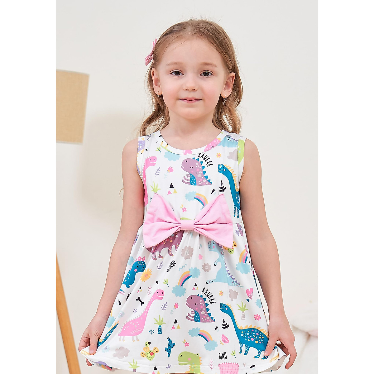 RETSUGO Baby Girl Dinosaurs Dresses Casual Pink Bowknot Dress for Toddler Girls Sleeveless Party Summer Dresses Outfit dinosaur1-1129-3T