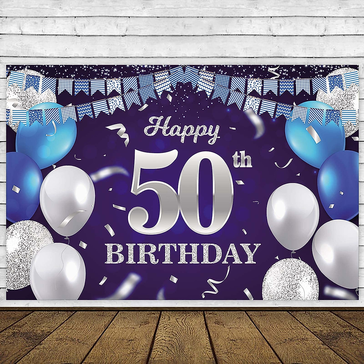 Happy 50th Birthday Banner Backdrop Navy Blue Balloons Confetti Stripe Flag Light Spots Cheers to 50 Years Old Theme Decorations Decor for Women Men 50th Birthday Party Bday Supplies Glitter Silver