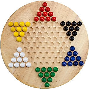 Brybelly Chinese Checkers Game Set with 11.5 in Natural Wood Checkers Board | 60 Wood Marbles in 6 Bright Colors for Adults, Boys and Girls Game Playing