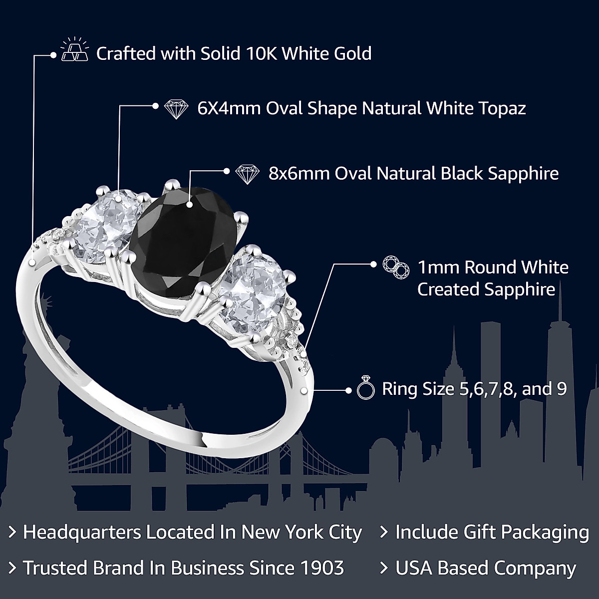 Gem Stone King 10K White Gold Black Sapphire White Topaz and Diamond Accent 3-Stone Engagement Ring | 2.71 Cttw | 3 Stone Wedding Anniversary Promise Ring For Women (Size 8)