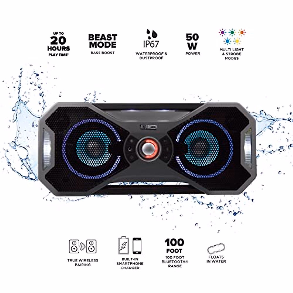 Altec Lansing Mix 2.0 - Waterproof Bluetooth Speaker with Strong Bass, Portable Speaker for Travel & Outdoor Use, 100 Foot Range & 20 Hour Playtime