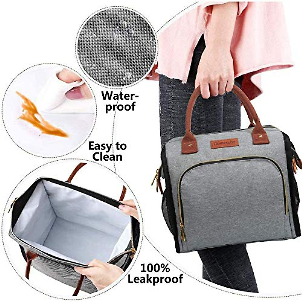 Homecube Lunch Bag Insulated Lunch Box Wide Open Lunch Tote Bag with Pockets Large Capacity Multi-Function for Women Men Light Grey