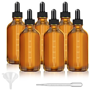 Bumobum 6 Pack, 4 oz Dark Amber Dropper Bottles with Measured Dropper, Glass Eye Dropper Bottle for Essential Oils with Funnel, Labels & Pipette, Droppers for Oils (Unbreakable Plastic Eye Dropper)