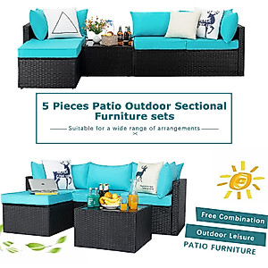 VITESSE Patio Furniture Sets All Weather Outdoor Sectional Sofa Manual Weaving Wicker Rattan Patio Conversation Set with Cushion and Glass Table (5 Pieces, Light Blue)