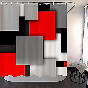 BIUSTAR 4 Piece Set Geometric Shower Curtain, Red Black Gray Bathroom Set with Shower Curtain, Rugs, Toilet Lid Cover,72 x 72 inch, Waterproof, 12 Hooks