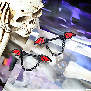 CM Crareesi Mania Bat Nipple Rings Bat Wings Nipple Piercing Jewelry 316L Surgical Steel Chain Nipple Rings 14G Black Nipple Barbell Nipple Shield Rings for Halloween