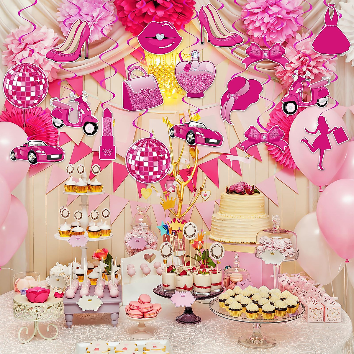 48 Pieces Princess Party Hanging Decorations, Hot Pink Girls Party Hanging Swirls Princess Hanging Streamers Girls Party Swirls Decor for Bachelorette Princess Bridal Shower Party Supplies