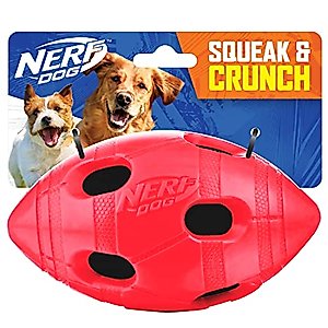 Nerf Dog Rubber Football Dog Toy with Interactive Squeaker and Crunch, Lightweight, Durable and Water Resistant, 6 Inch Diameter for Medium/Large Breeds, Single Unit, Red