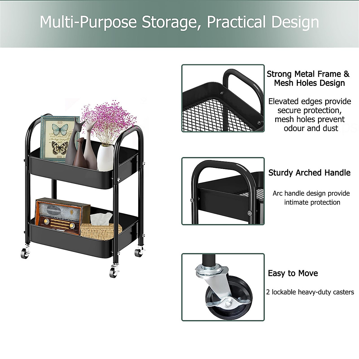 Melody House 2 Tier All-Metal Rolling Cart,Rolling Storage Cart with Handle and Locking Wheels Kitchen Cart,Laundry Office Bathroom Storage Organizer Cart with Wheels, Black