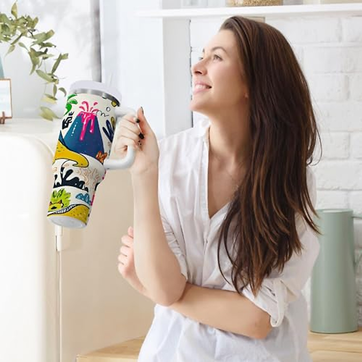 RPLIFE Cute Colorful Dinosaurs Coffee Tumbler with Handle, Stainless Steel Mug, Straw Water Bottle