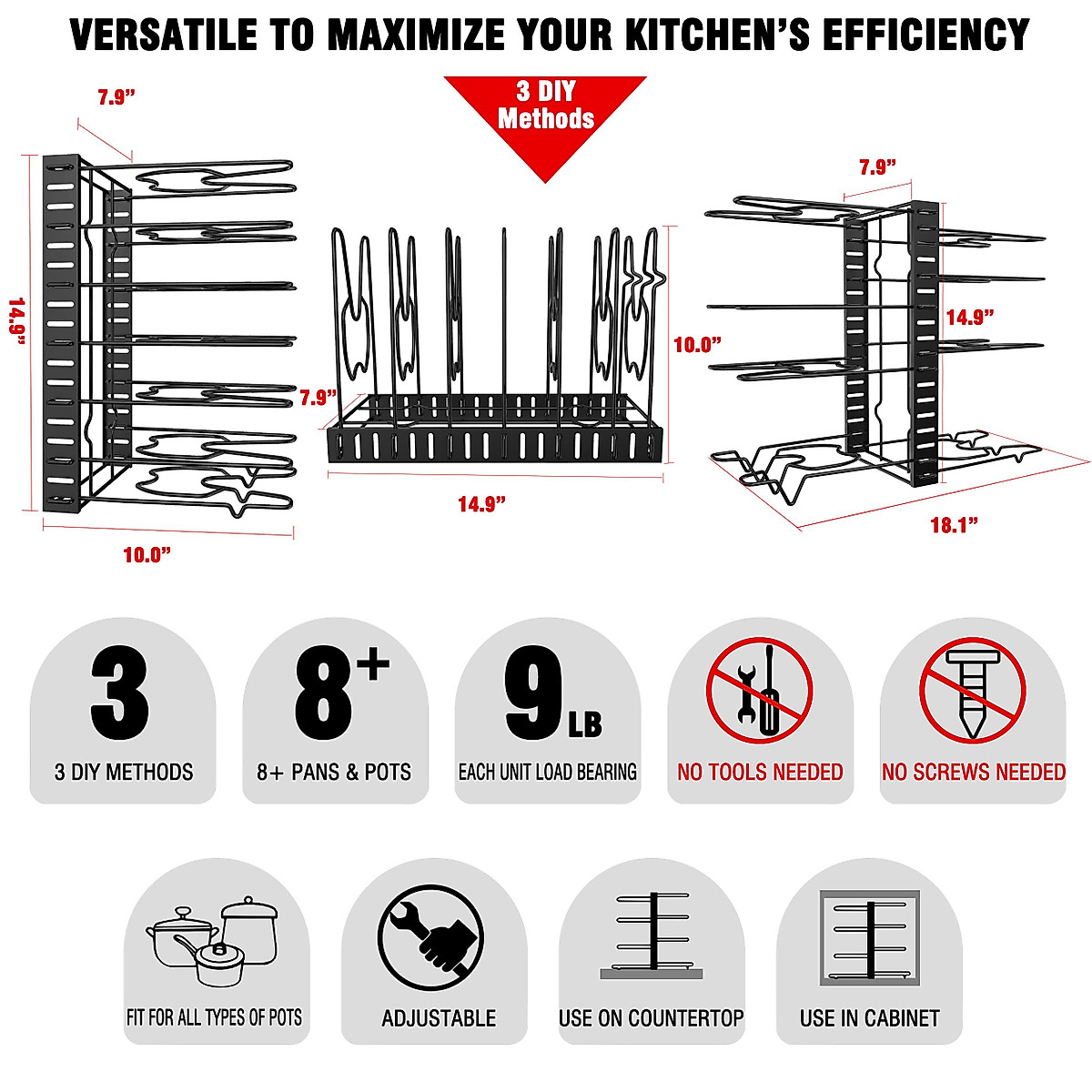 KAPTRON Pot Rack Organizer, 3 DIY Methods, Height and Position are Adjustable - 8 Pots Holder, Metal Kitchen Cabinet Pantry Pot Pan Lid Holder (BLACK)