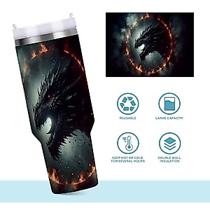 Maunzc 40 oz Tumbler with Handle and Straw, Insulated Stainless Steel Travel Mug with Lid for Coffee, Iced Tea, Water, Gift for Men Women (Dragon Dungeon Fire)