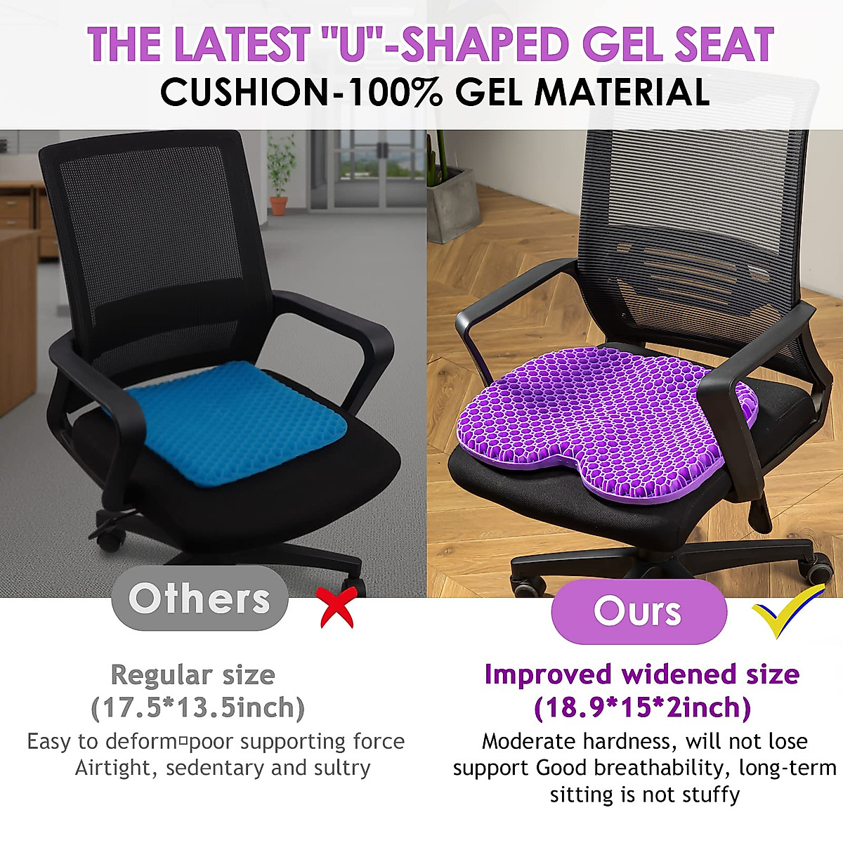 Enhanced Full Gel Seat Cushion for Sitting - Hip, Coccyx, Sciatica, Pressure Sores Tailbone Pain Relief Pad, Seat Cushion for Car, Wheelchair, Desk, Stadium - Office Cushion for Pressure Relief