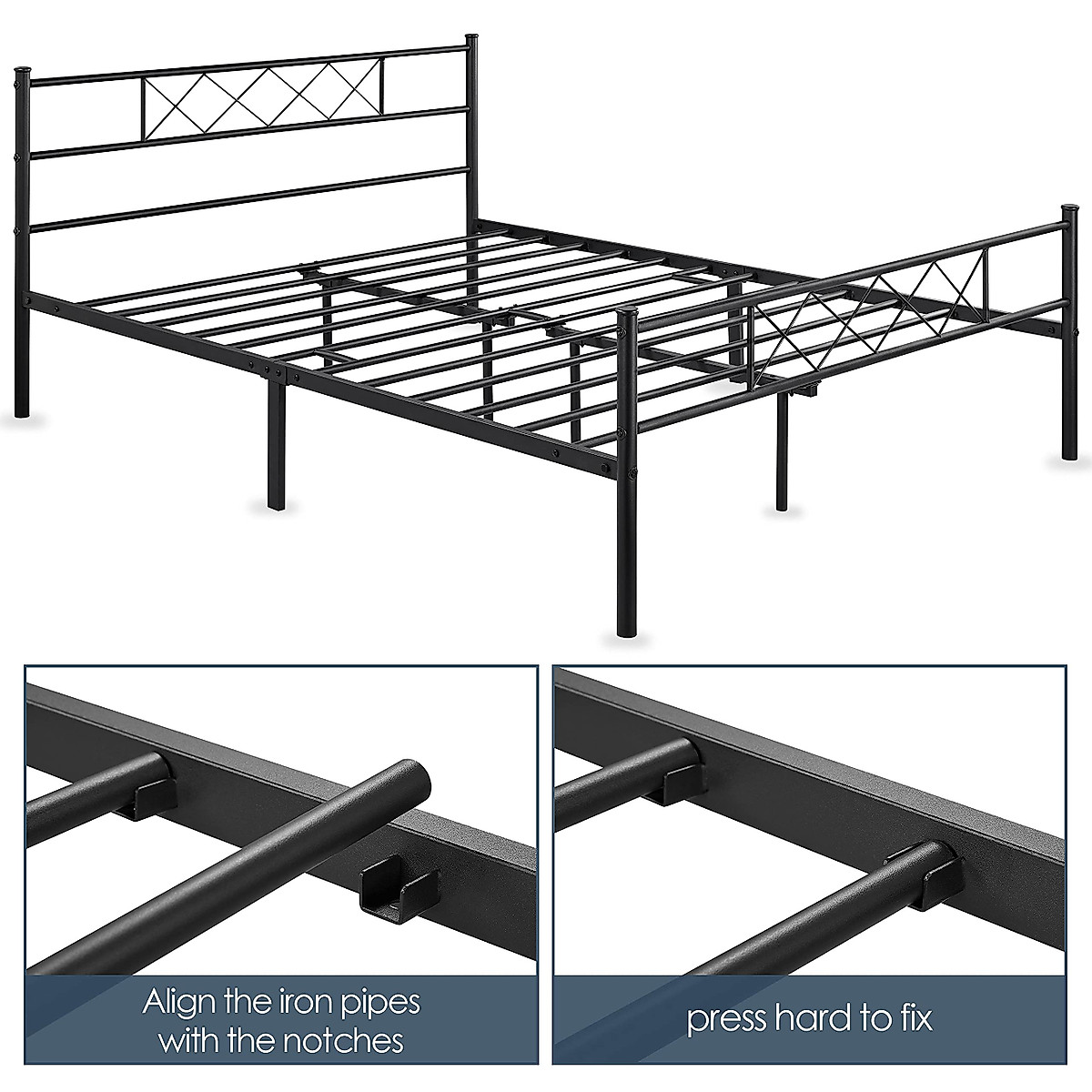 Yaheetech Queen Size Metal Platform Bed Frame Mattress Foundation with Headboard and Footboard No Box Spring Needed Under Bed Storage Steel Slats Black