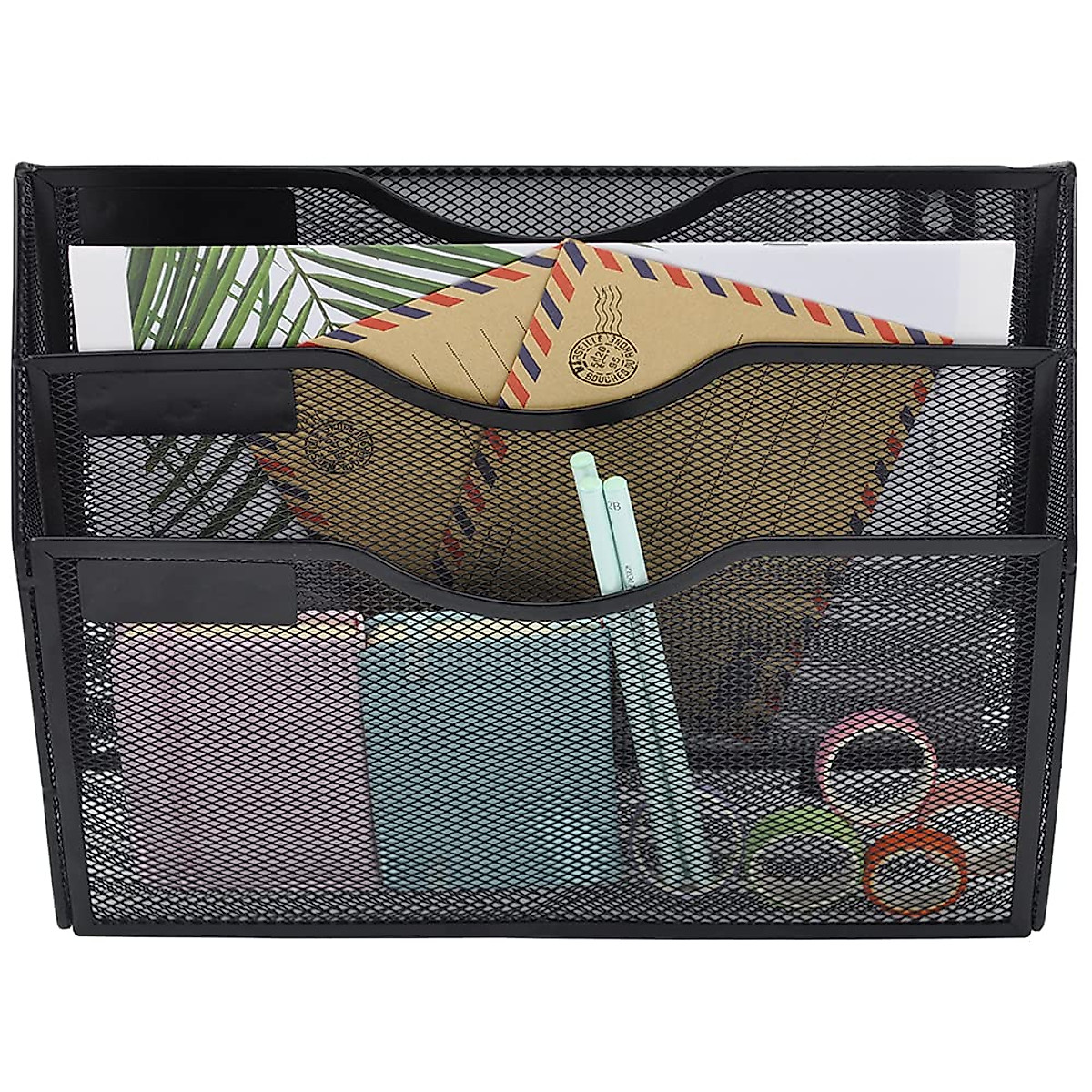 COSYAWN 3 Tier Wall File Organizer Hanging paper Folder, Metal Wall Mount File Holder with Label Panel, Black