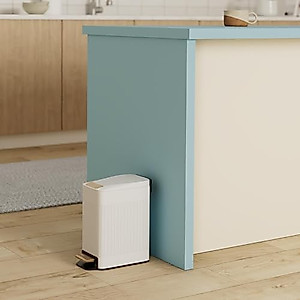 CEROELDA Small Bathroom Trash Can with Plastic Lid, 6L/1.6 Gal Stainless Steel Slim Garbage Can-Metal Wastebasket-Rectangle Pedal Step Trash Bin -for Narrow Kitchen Bedroom Office Toilet-White