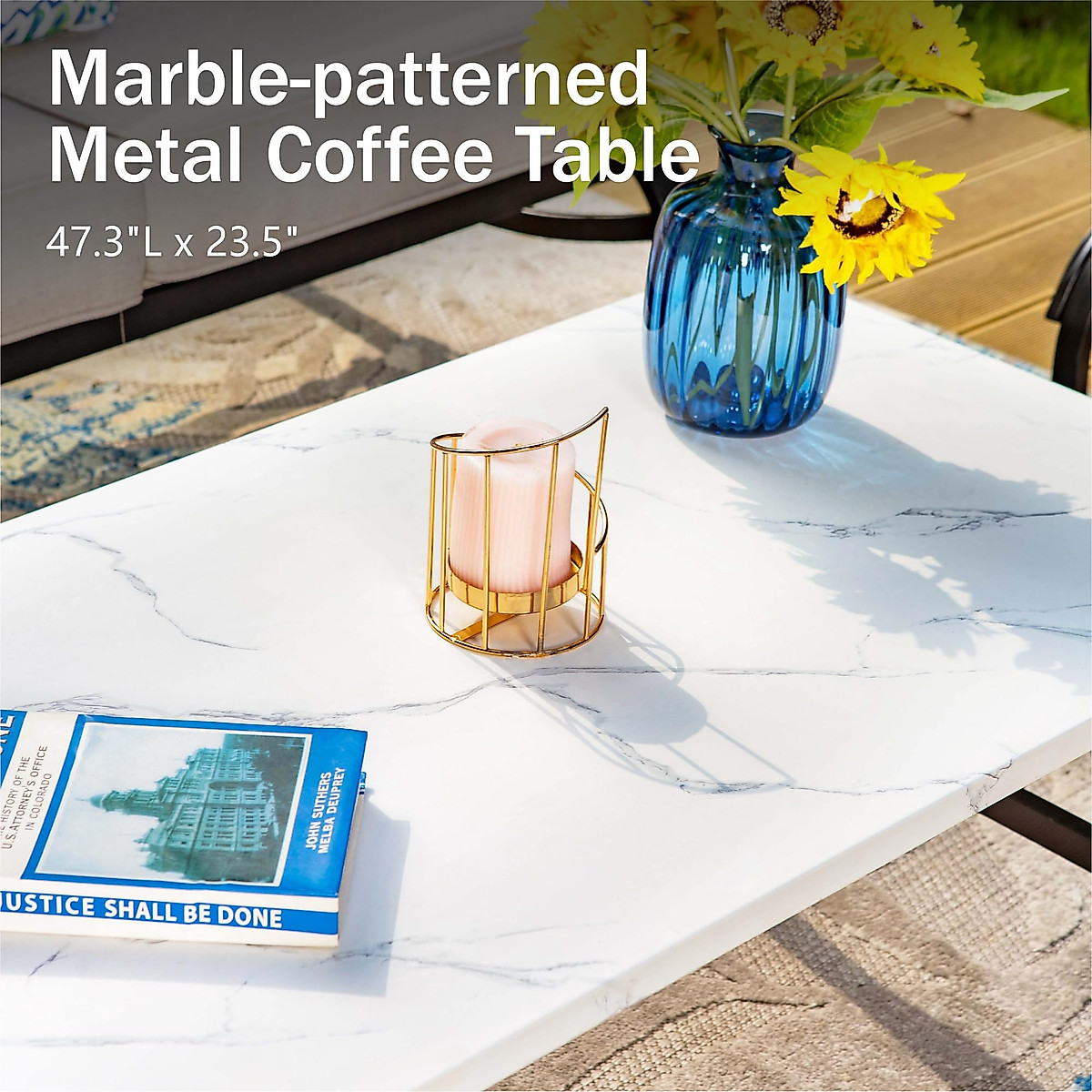 PHI VILLA 4 Pcs Patio Furniture Set with 1 x 3 Seater Padded Deep Seating Bench, 2 Cushioned C-Base Sofa Chairs and 1 Metal Coffee Table, Outdoor Deluxe Conversation Set with 5 Seat for Outside