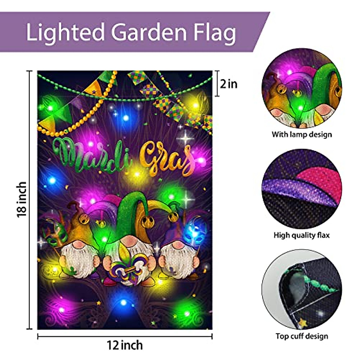 Mardi Gras Lighted Garden Flag Double Sided Masquerade Beads Yard Flag Fleur De Lis Carnival House Flag Vertical Holiday Decorative Yard Flag for Mardi Gras Yard Outdoor Decoration, 12 X 18 Inch